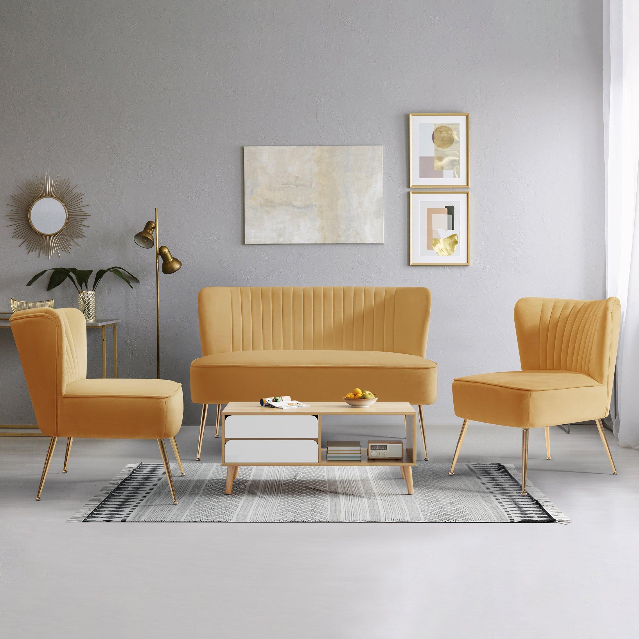 Mid Century Modern Upholstered Tufted Velvet Loveseat Sofa and Chair Set